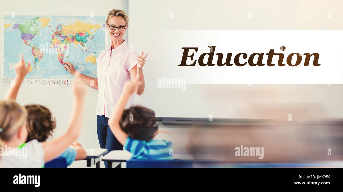 Digitally generated image of Education text against teacher teaching ...