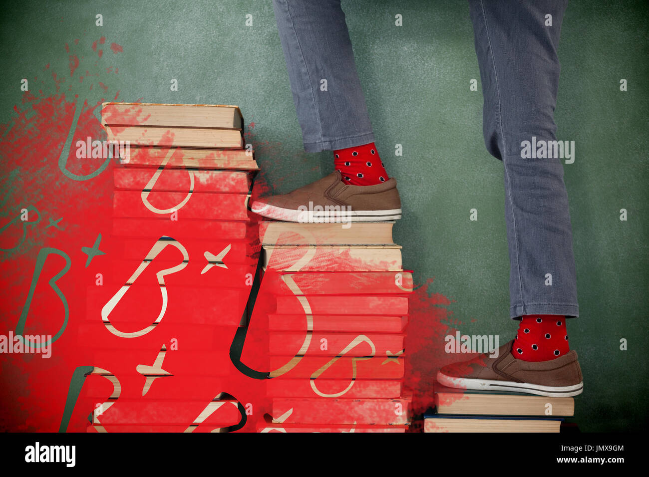 Graphic image of B plus grade against schoolboy climbing steps of books ...