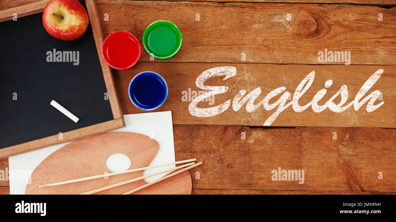 English text against white background against palette with chalkboard ...