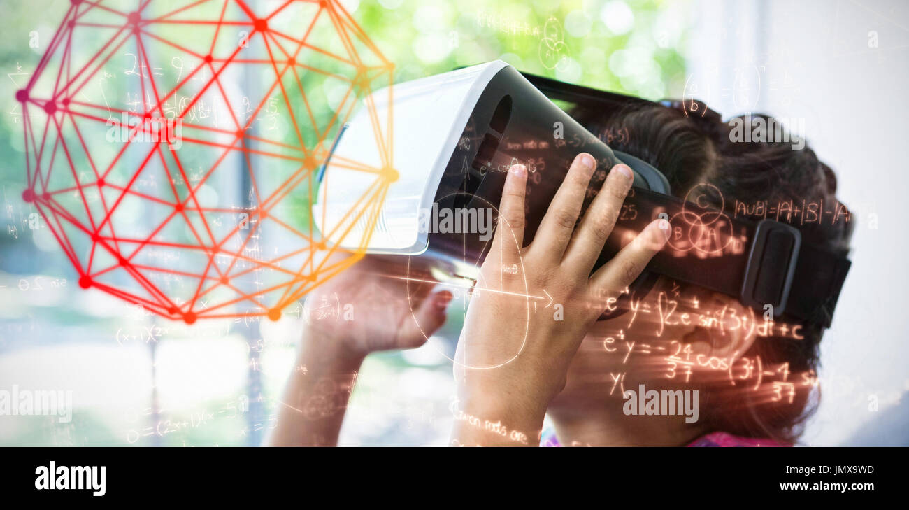 Digital image of geometric shape against girl using virtual reality ...