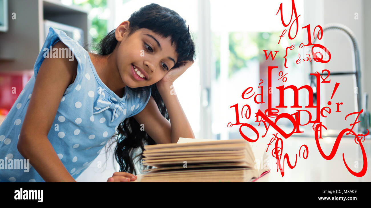 letter and number jumble against girl reading book in kitchen Stock ...