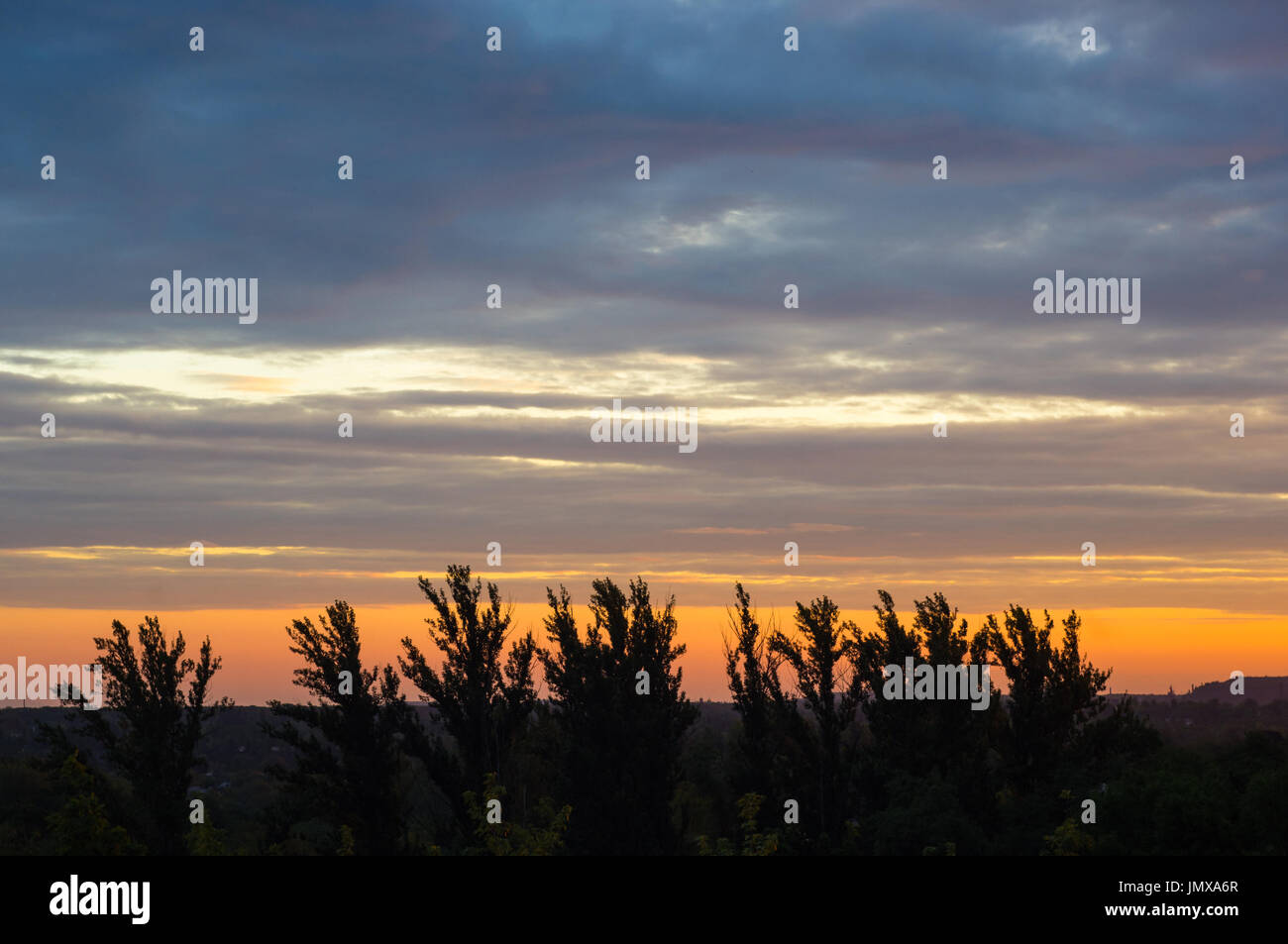 landscape with dramatic light - orange clouds and the outline of trees ...