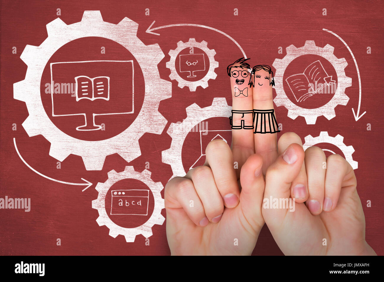 Digital anthropomorphic smiley faces of friends on fingers against ...