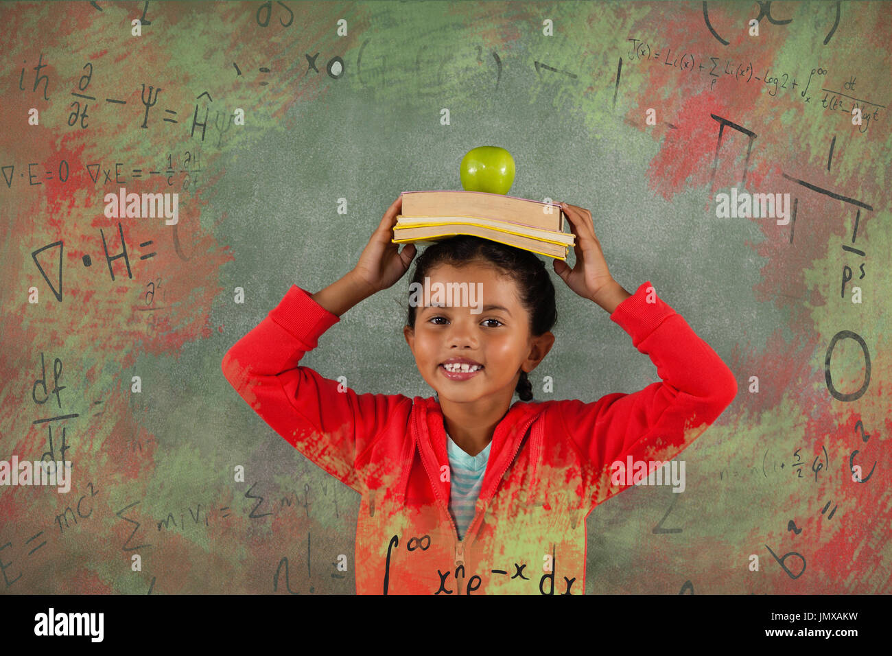 Illustration of algebraic formulas on chalkboard against young girl ...