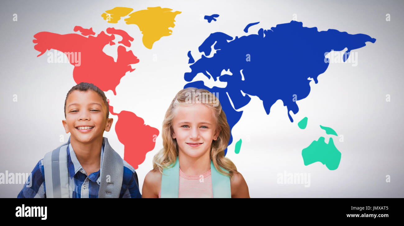 Portrait of students with backpacks against grey background Stock Photo ...