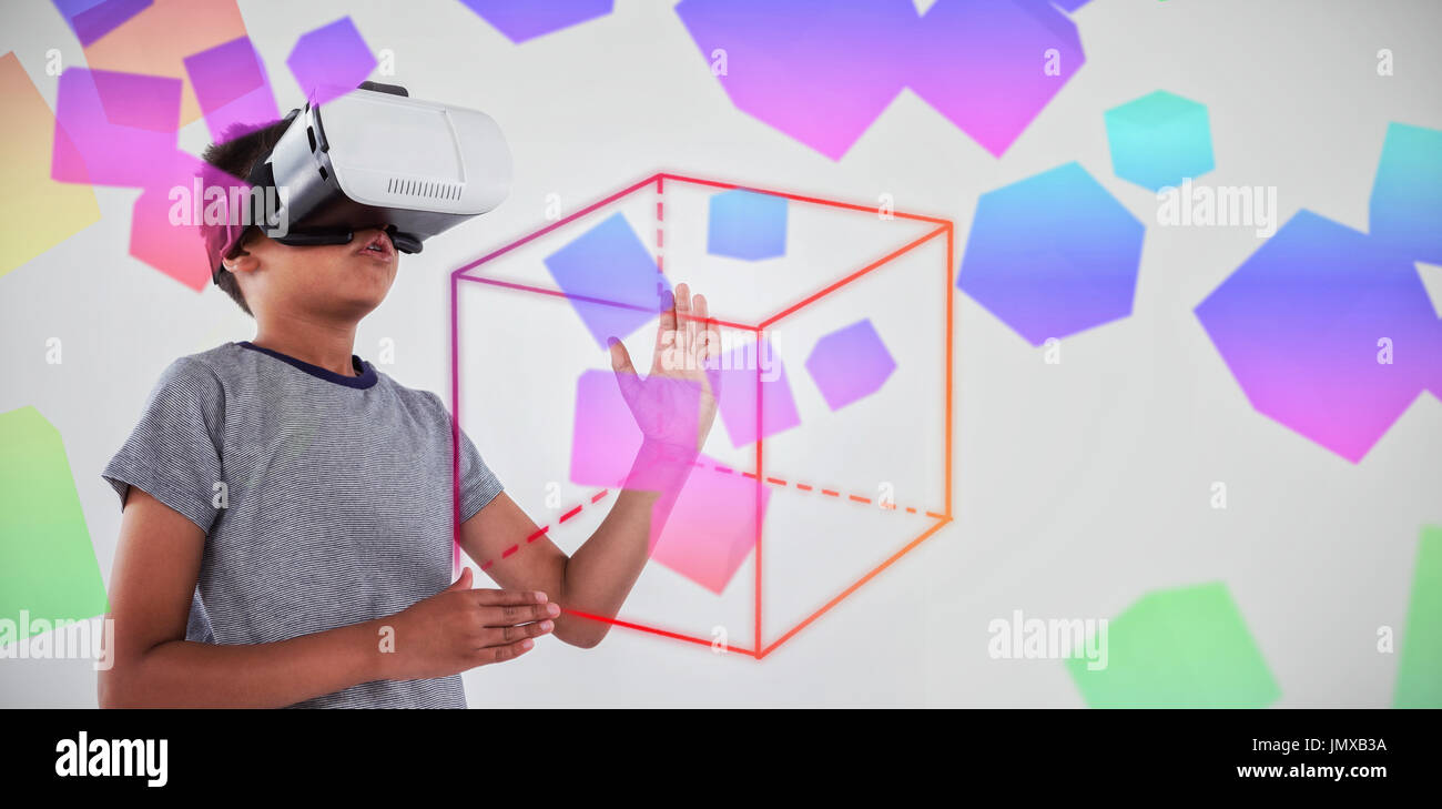 Three dimension image of square with formulas against schoolboy using ...