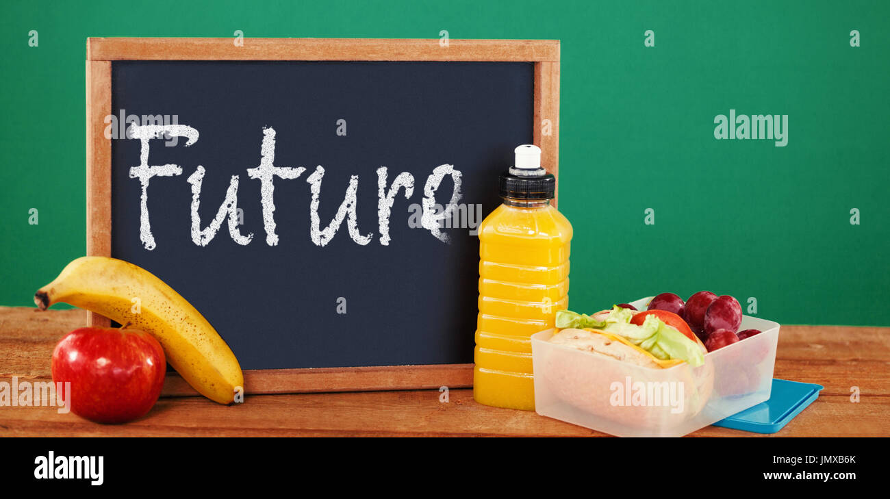 Future text against white background against empty blackboard with ...