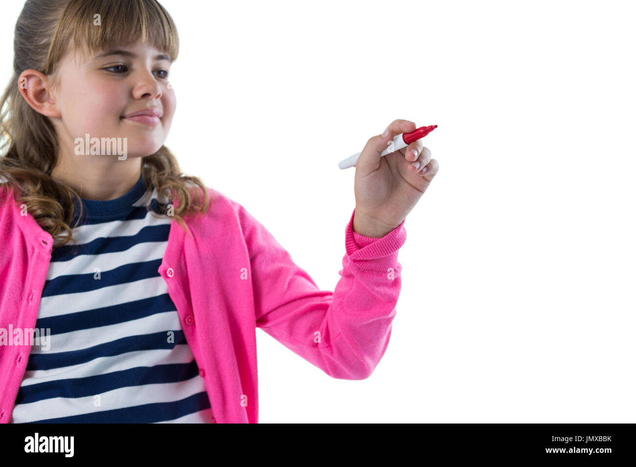 Girl writing on invisible screen against white background Stock Photo ...