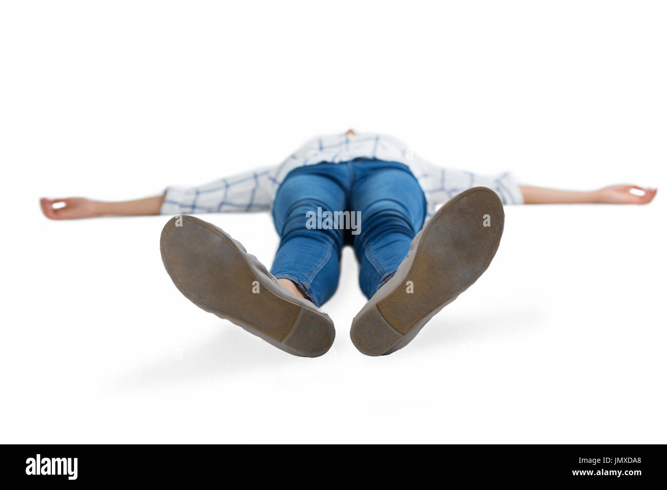 Unconscious woman lying on white background Stock Photo - Alamy