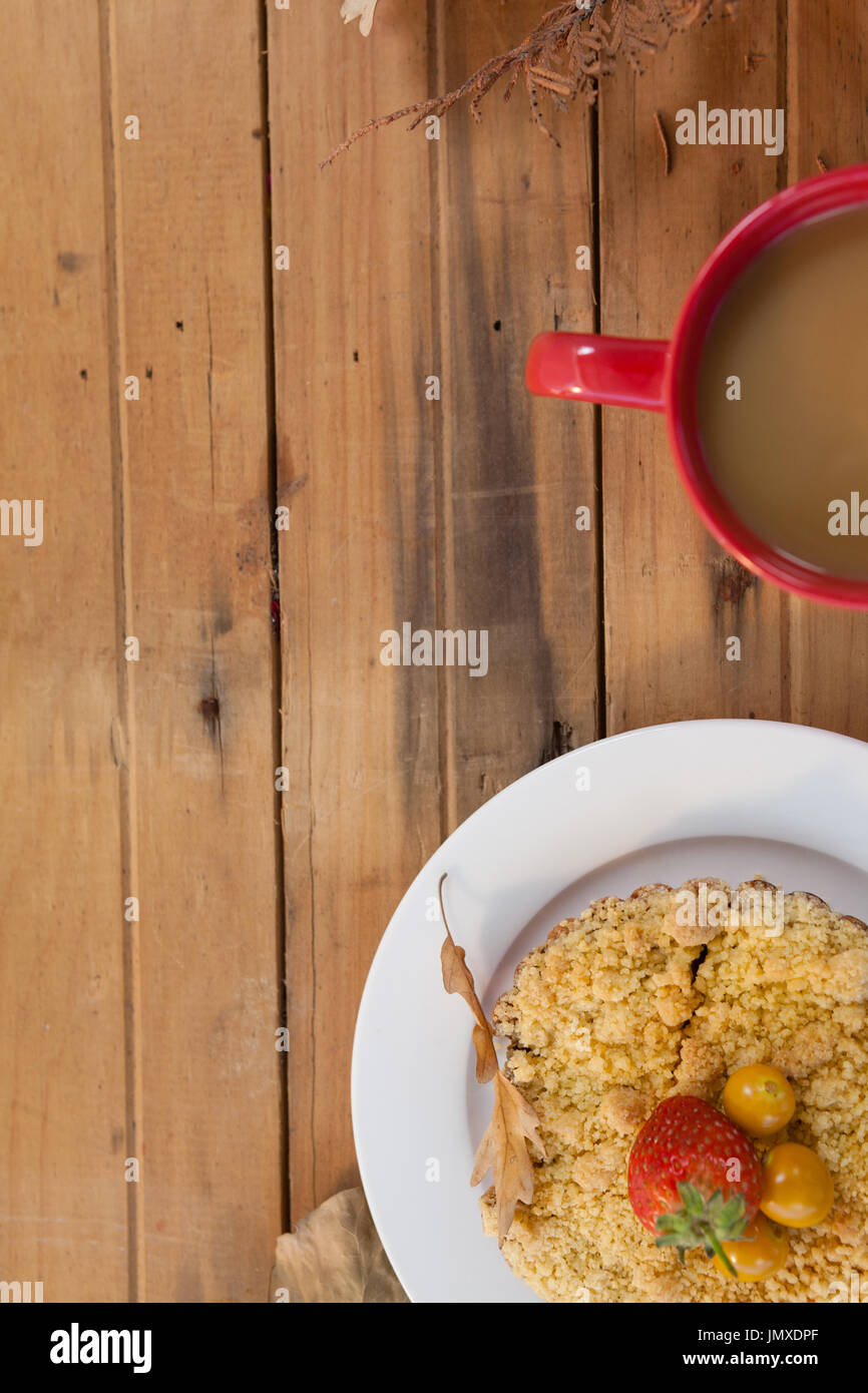 Overhead of breakfast plate with coffee mug on table Stock Photo - Alamy