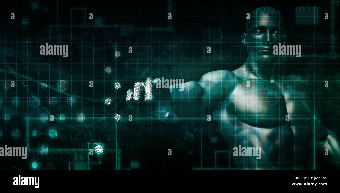 Abstract Technology Background with Man Interacting with UI Stock Photo ...