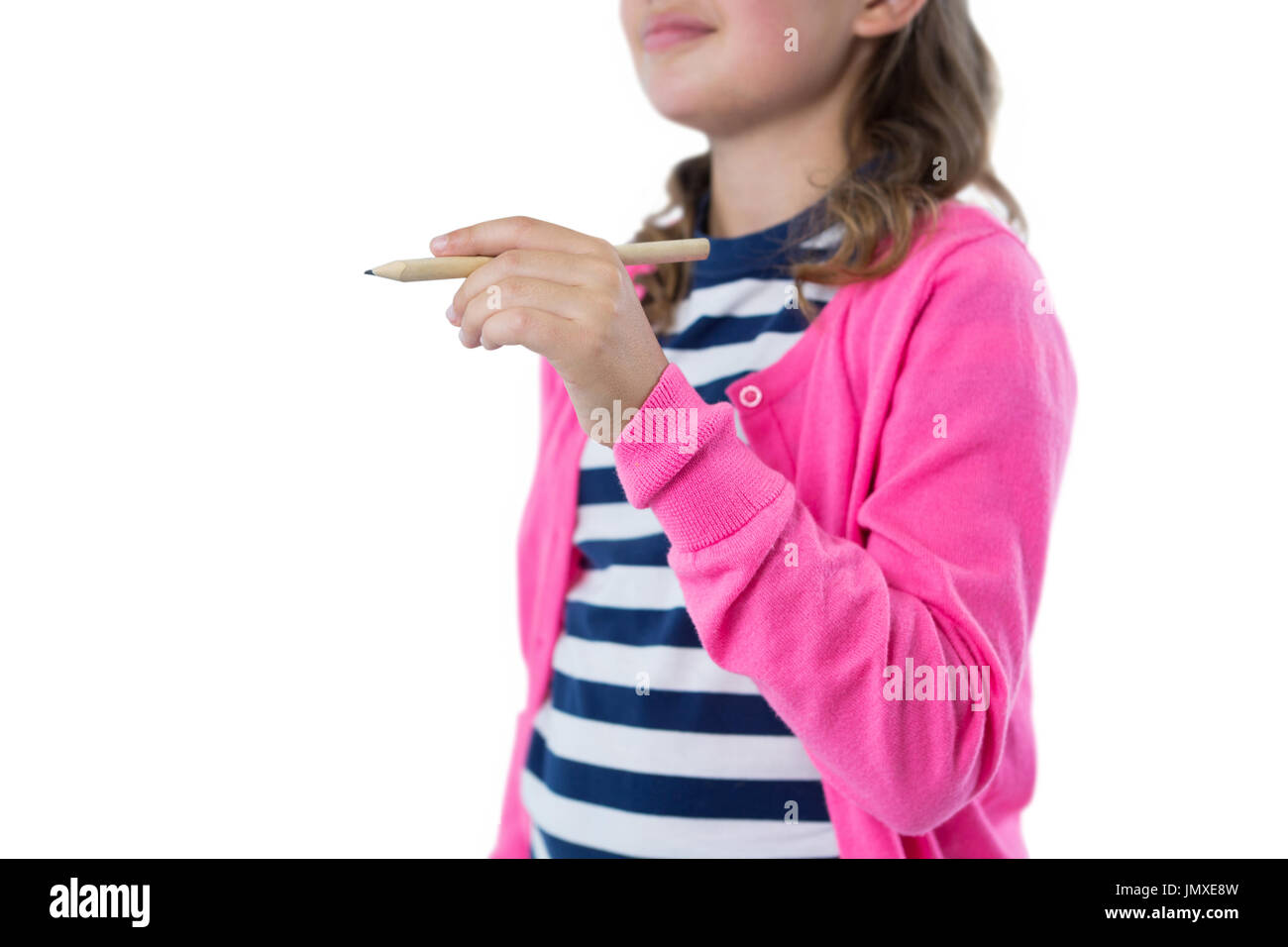Girl writing on invisible screen against white background Stock Photo ...