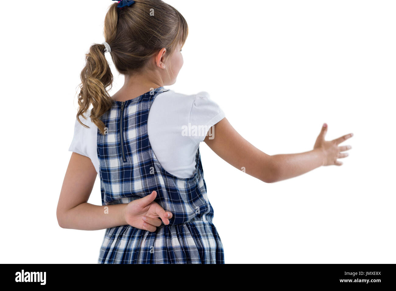 Cute girl offering handshake on white background Stock Photo - Alamy