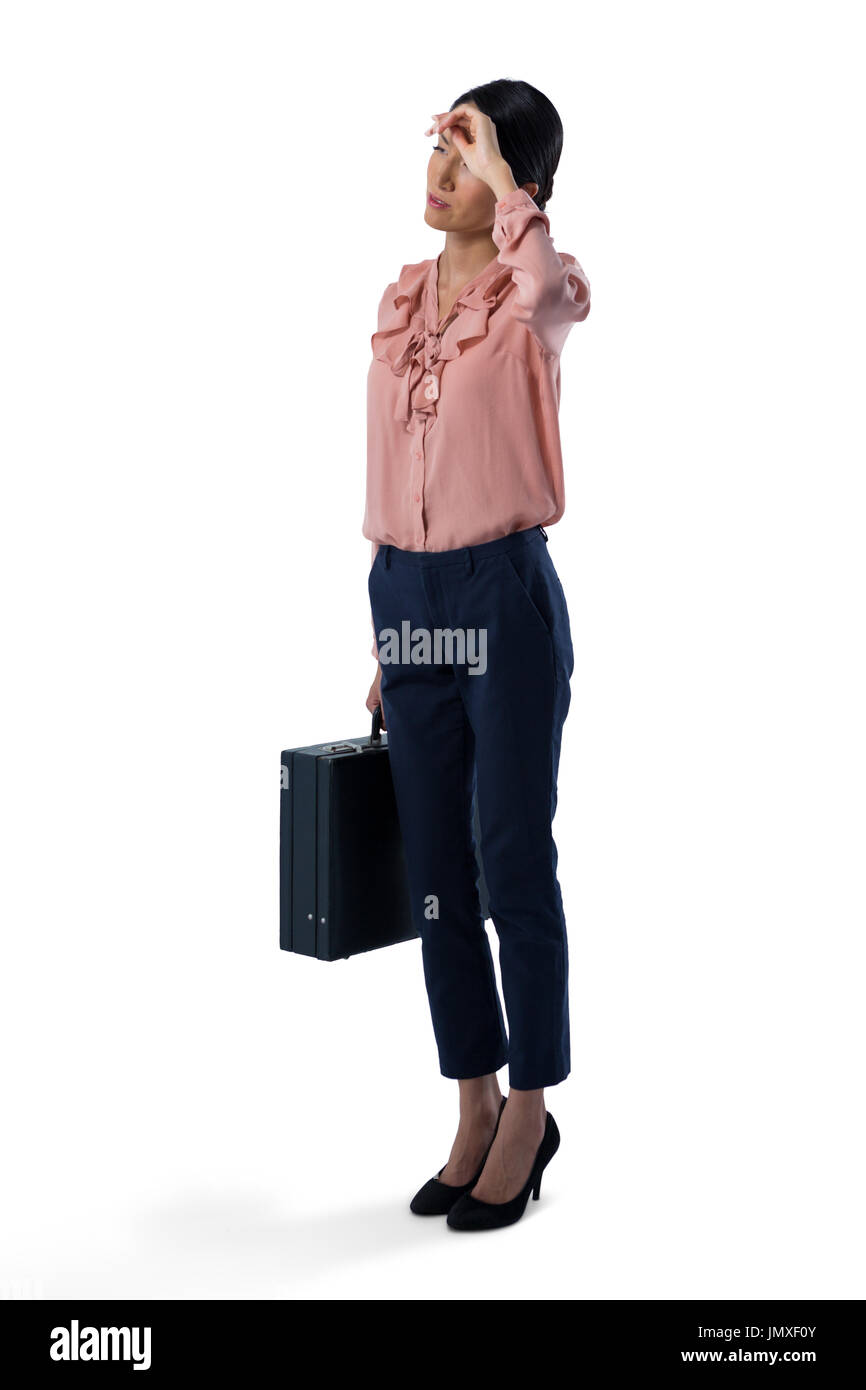 Female executive standing with briefcase on white background Stock ...