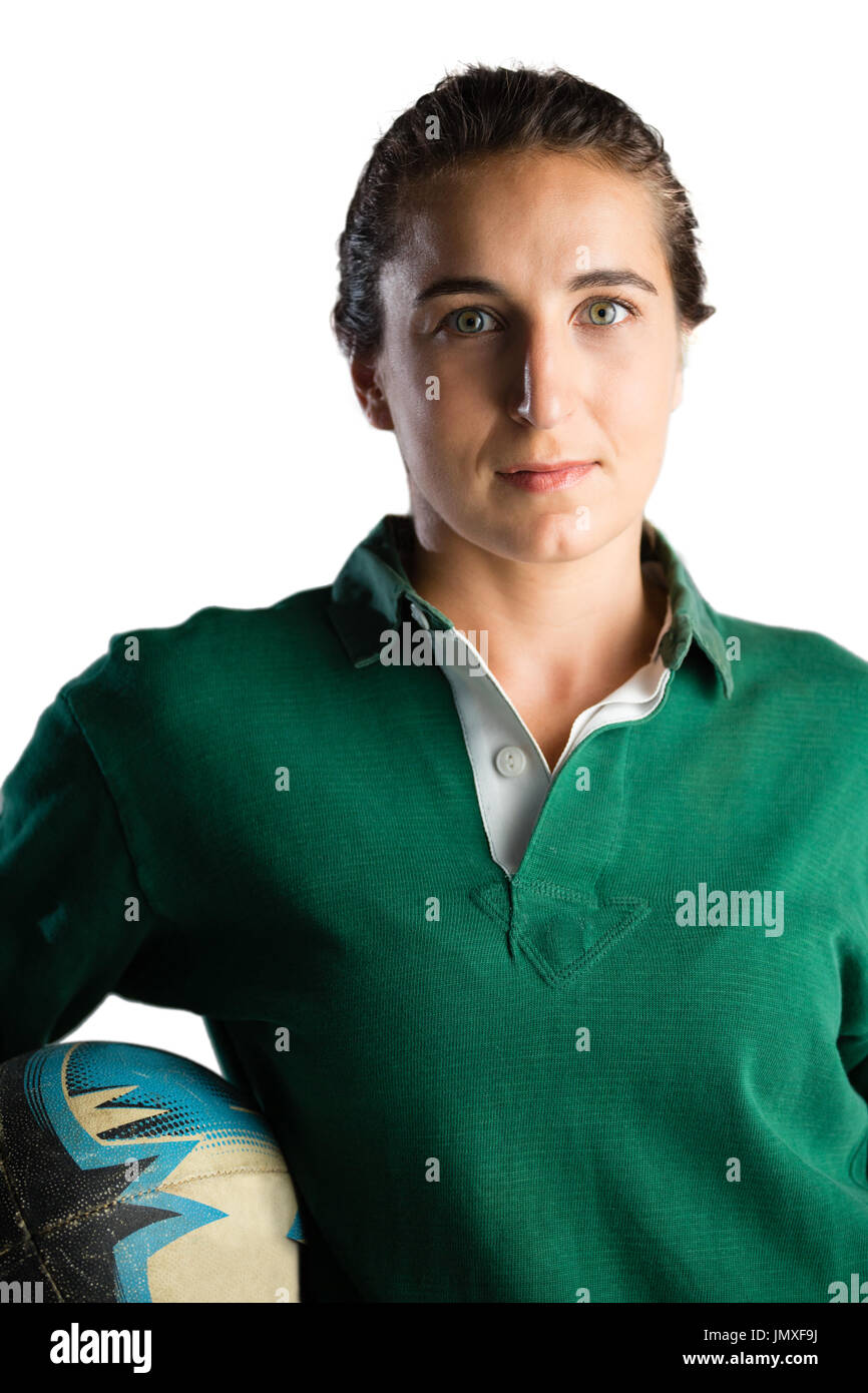 Close up portrait of confident female rugby player against white ...