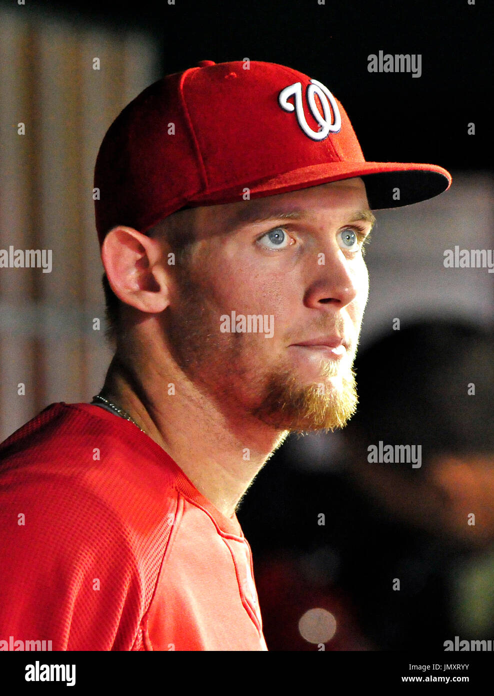 Washington Nationals pitcher Stephen Strasburg (37) watches the action ...