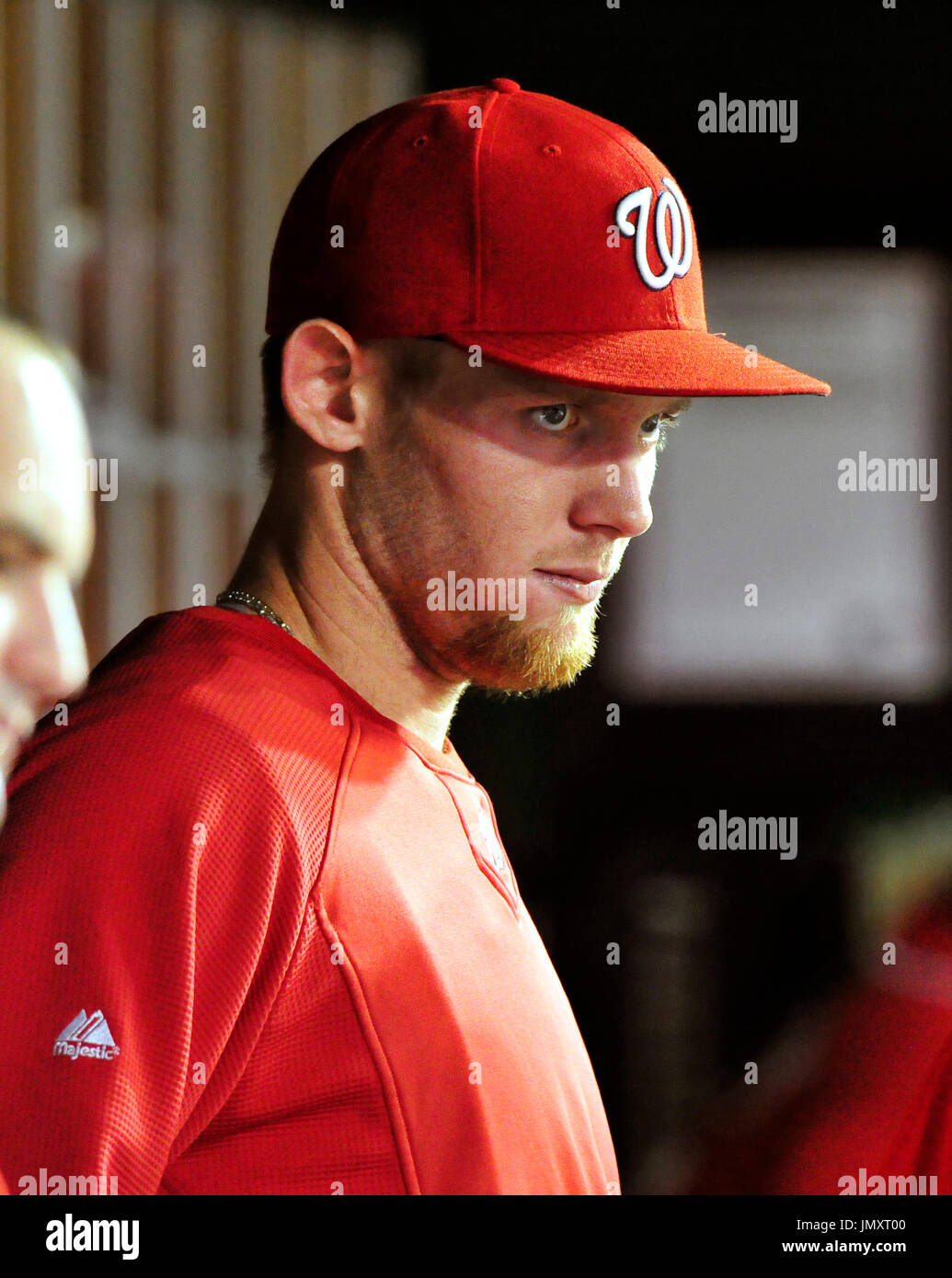 Washington Nationals pitcher Stephen Strasburg (37) watches the action ...