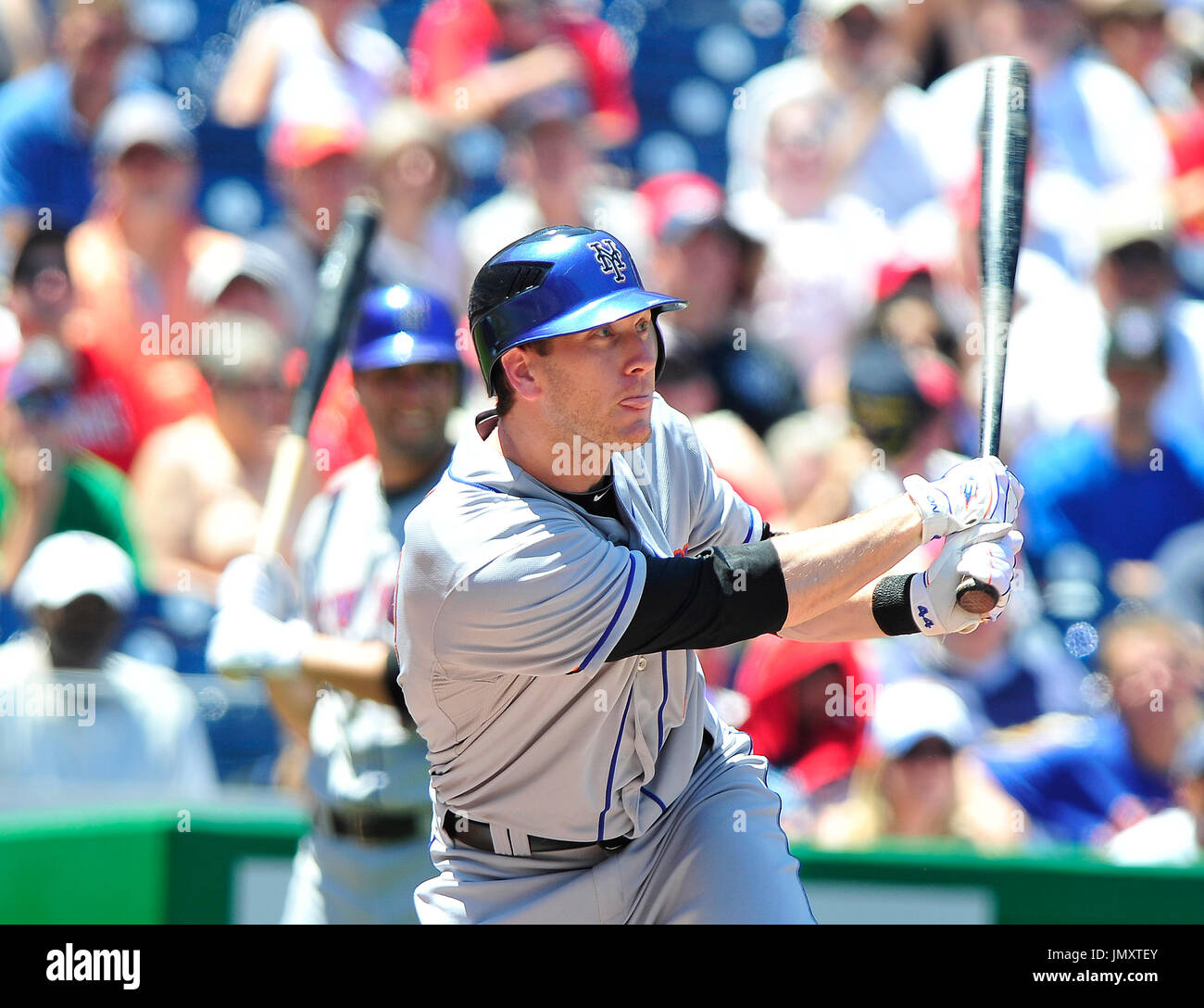 New York Mets left fielder Jason Bay (44) follows the flight of his ...