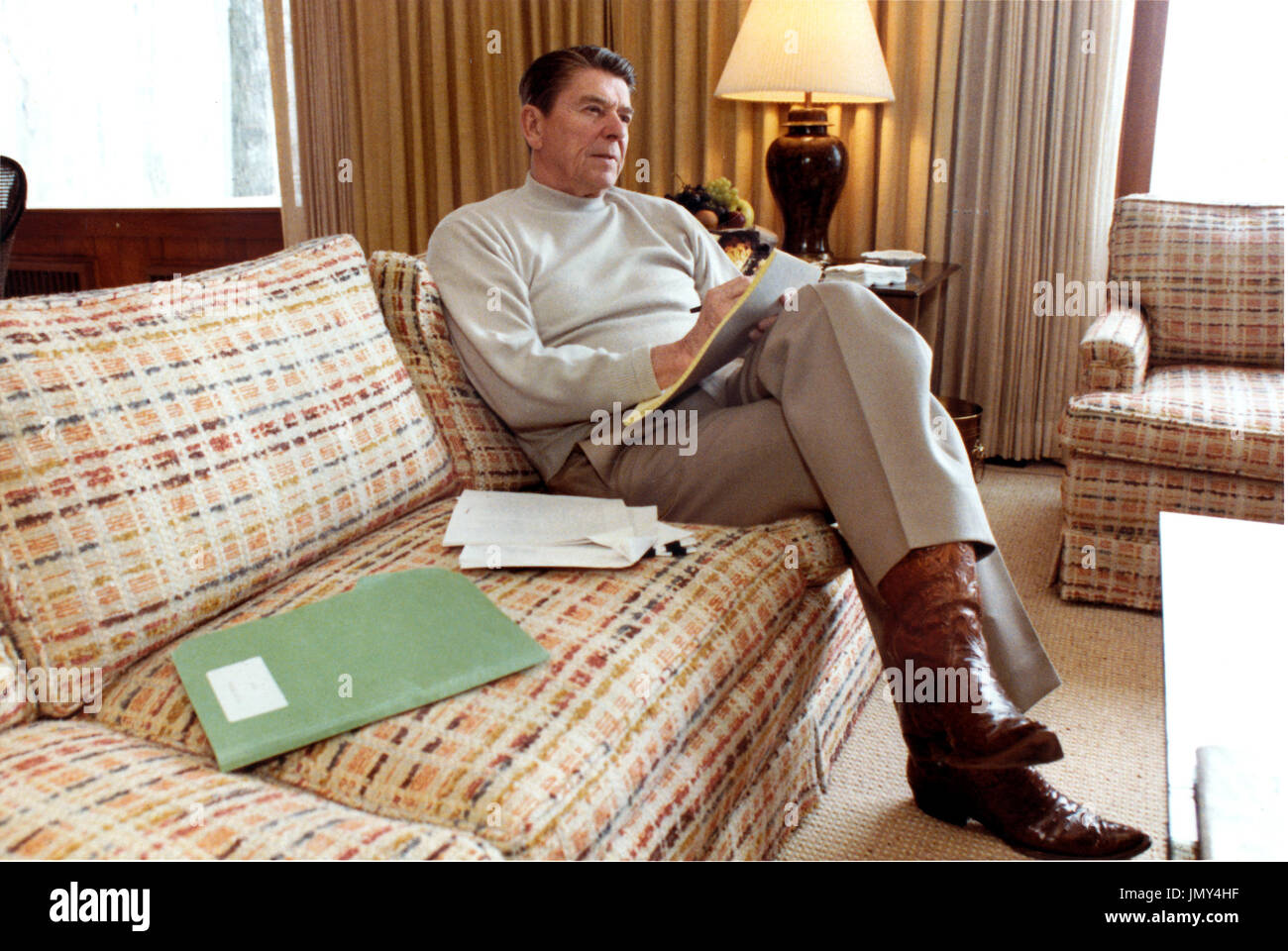 United States President Ronald Reagan works on his State of the Union ...