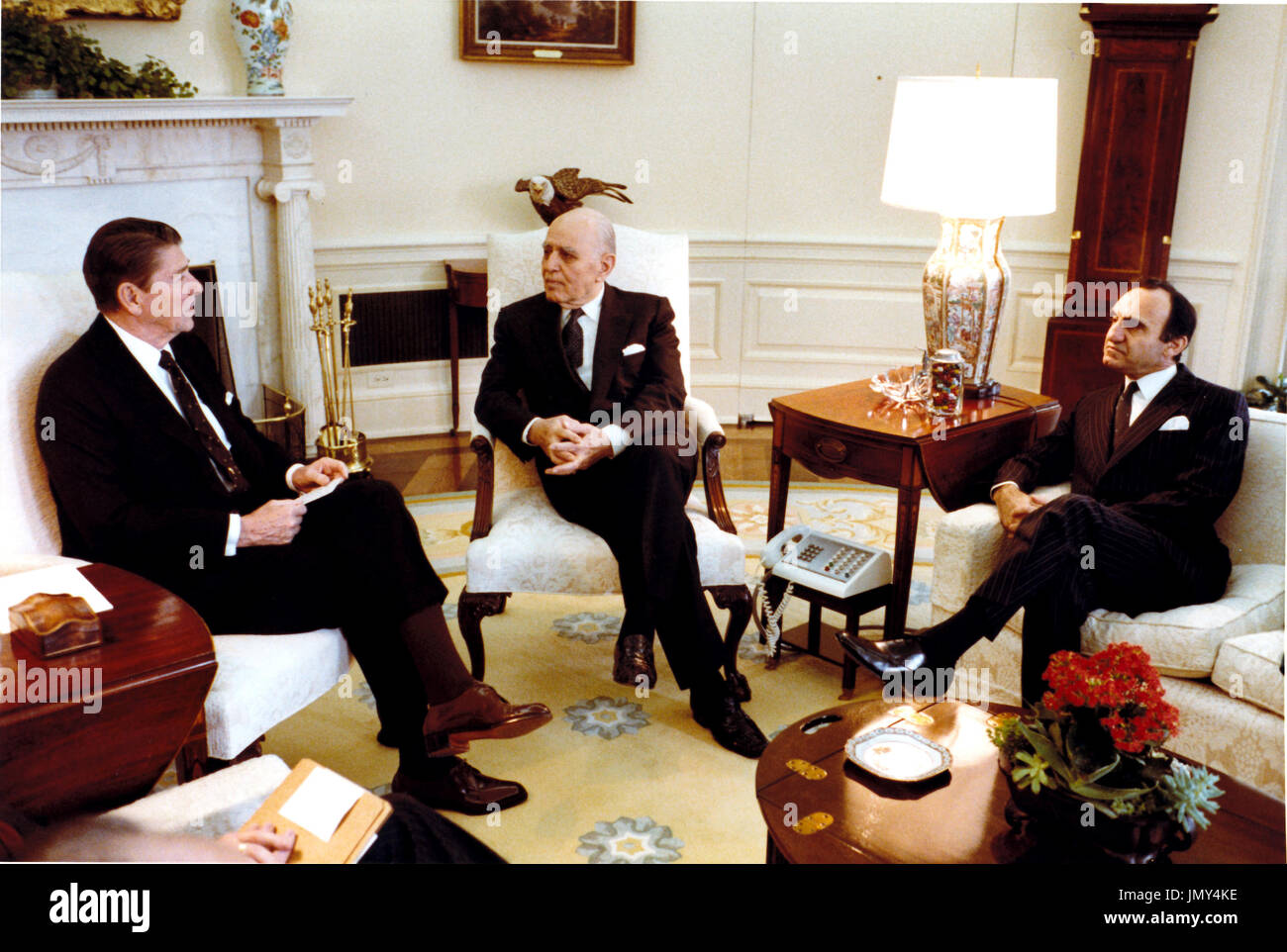 United States President Ronald Reagan meets with (left) former Prime ...