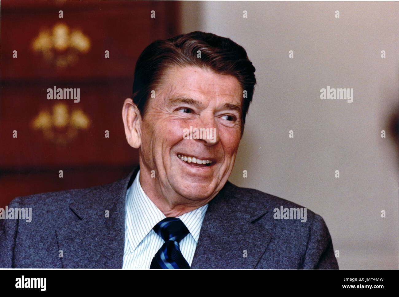 United States President Ronald Reagan, recouperating from his gunshot ...