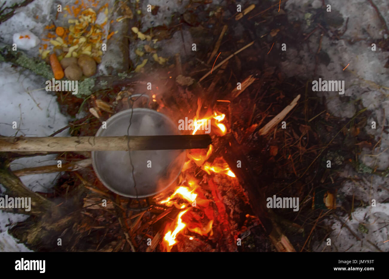 picnic in winter on nature of a bonfire. cooking in the campaign Stock ...