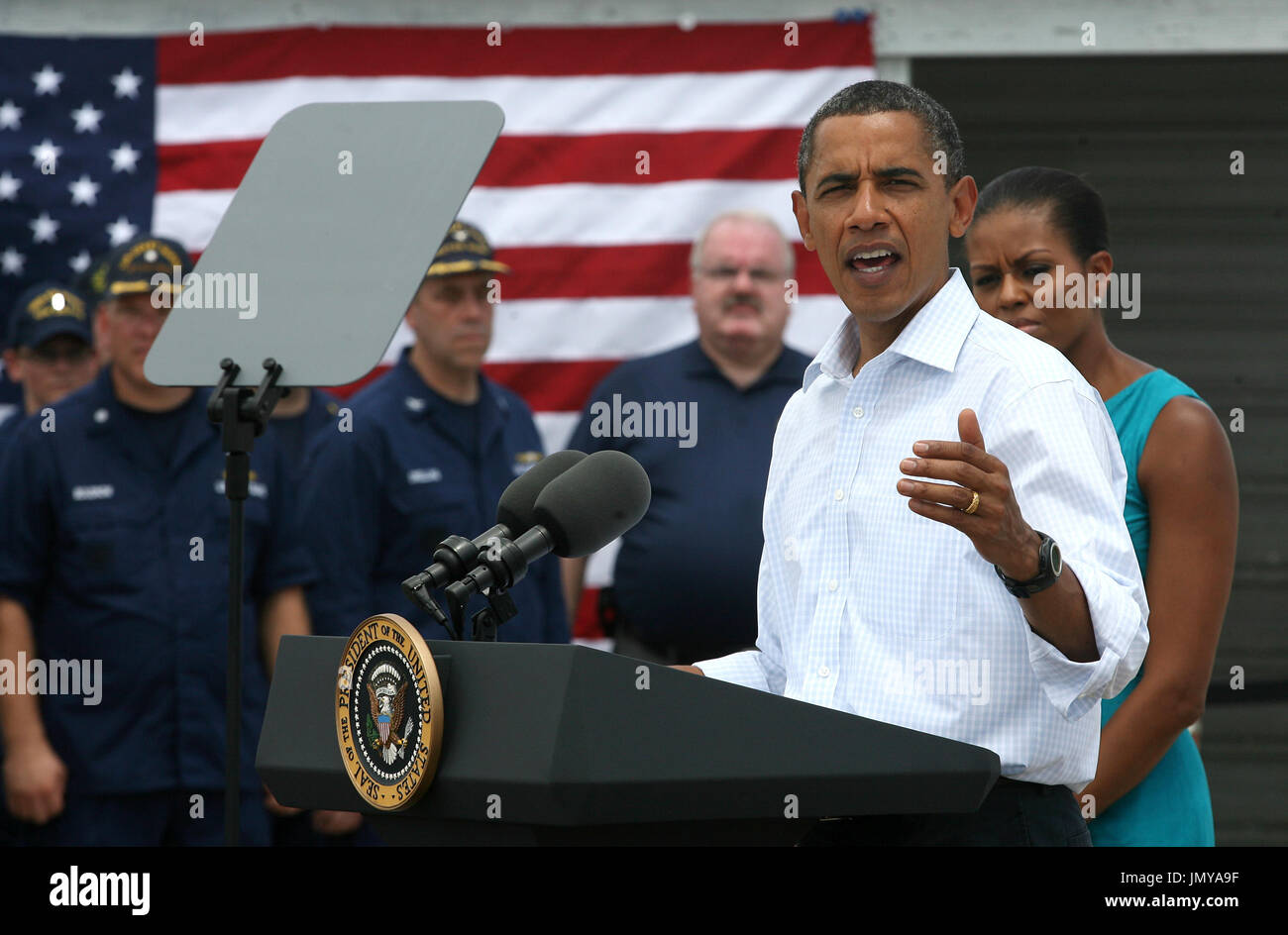 United States President Barack Obama with his wife Michelle speaks at a ...