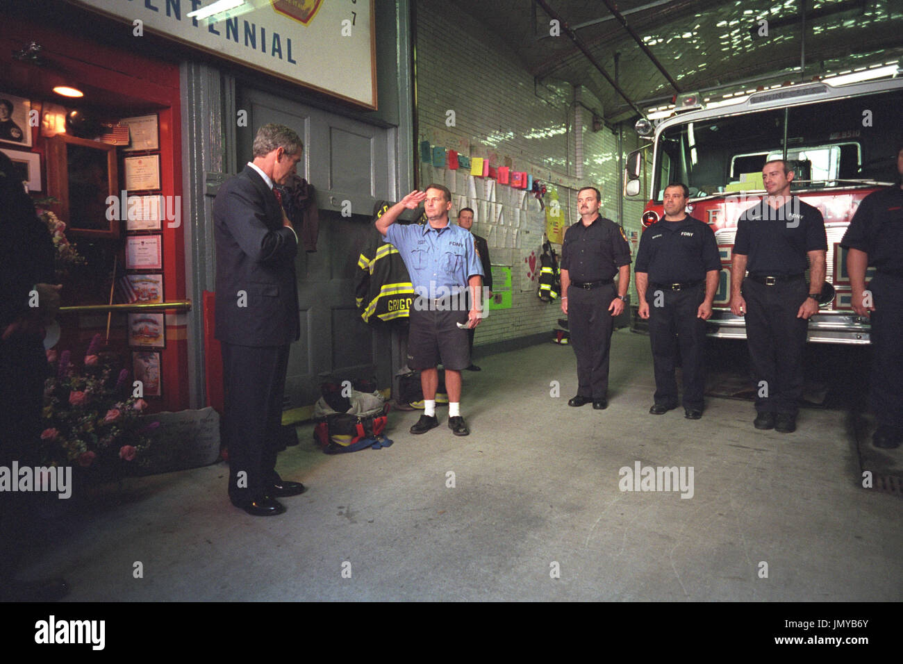 United States President George W. Bush visits with firefighters at ...