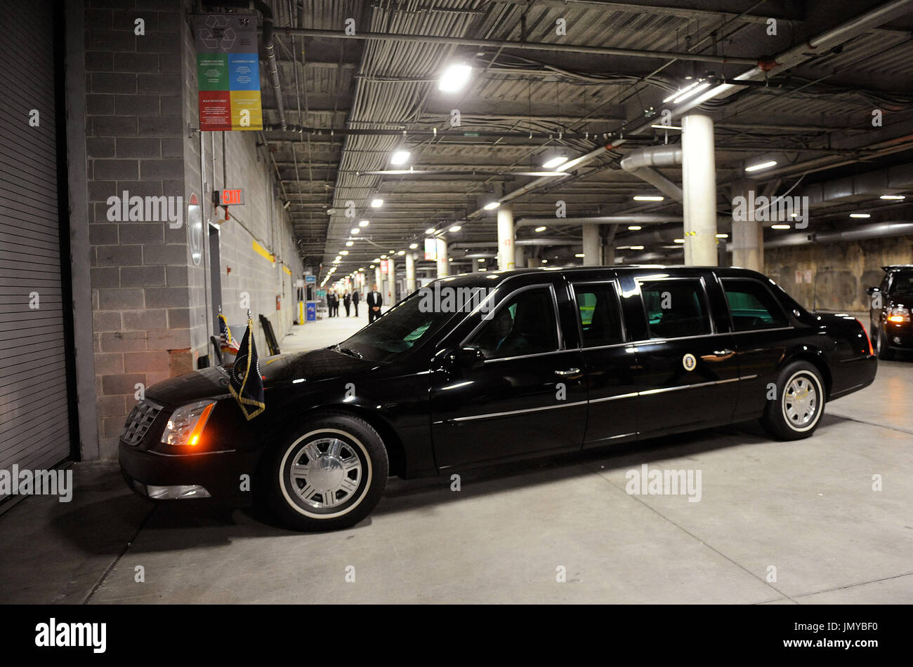 The Presidential Limousine is parked in a garage during the ...