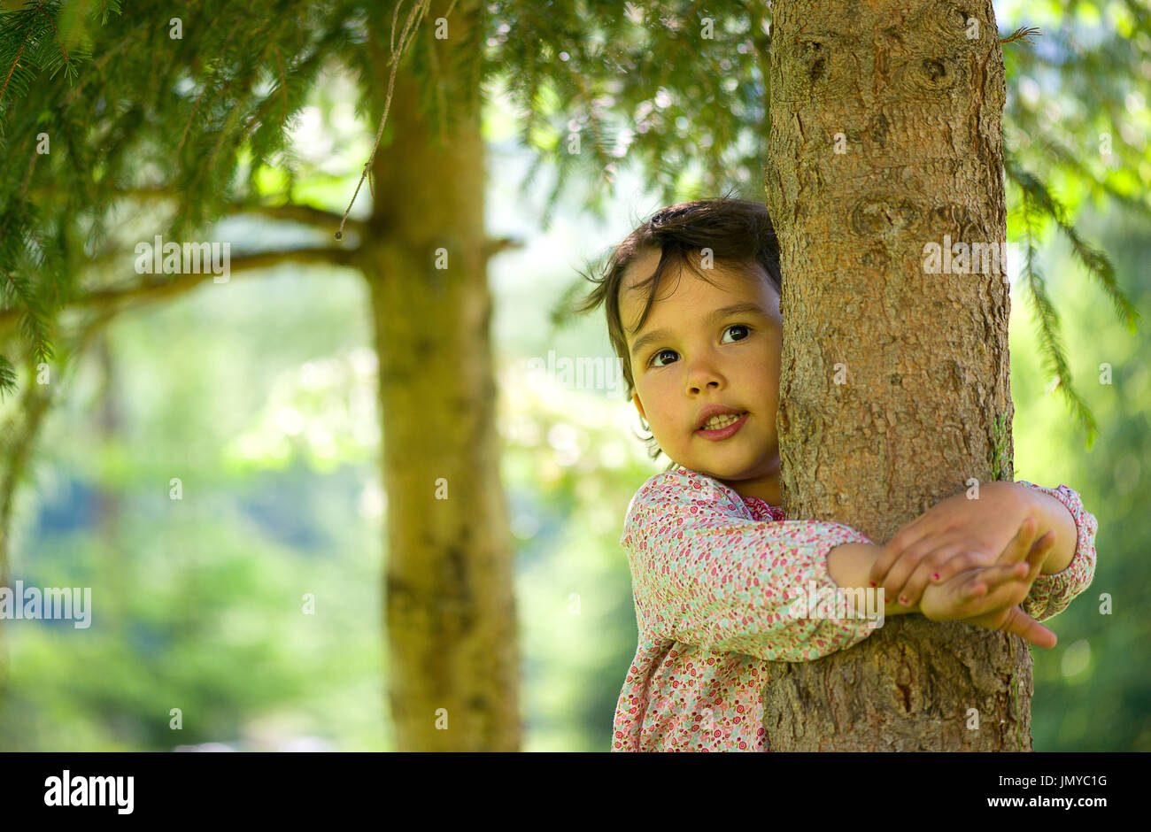 Little girl hugging the tree Stock Photo - Alamy