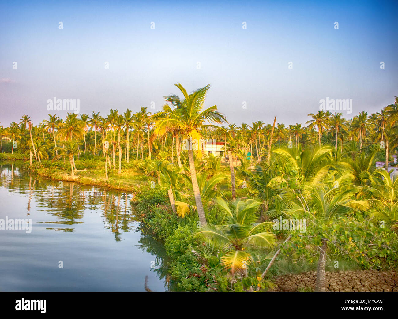 Kerala backwaters, India. Tropical landscape. Channels and towns under ...