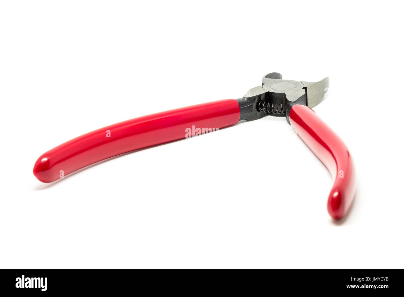 Red open and handled pliers on a white background.Tools series Stock ...