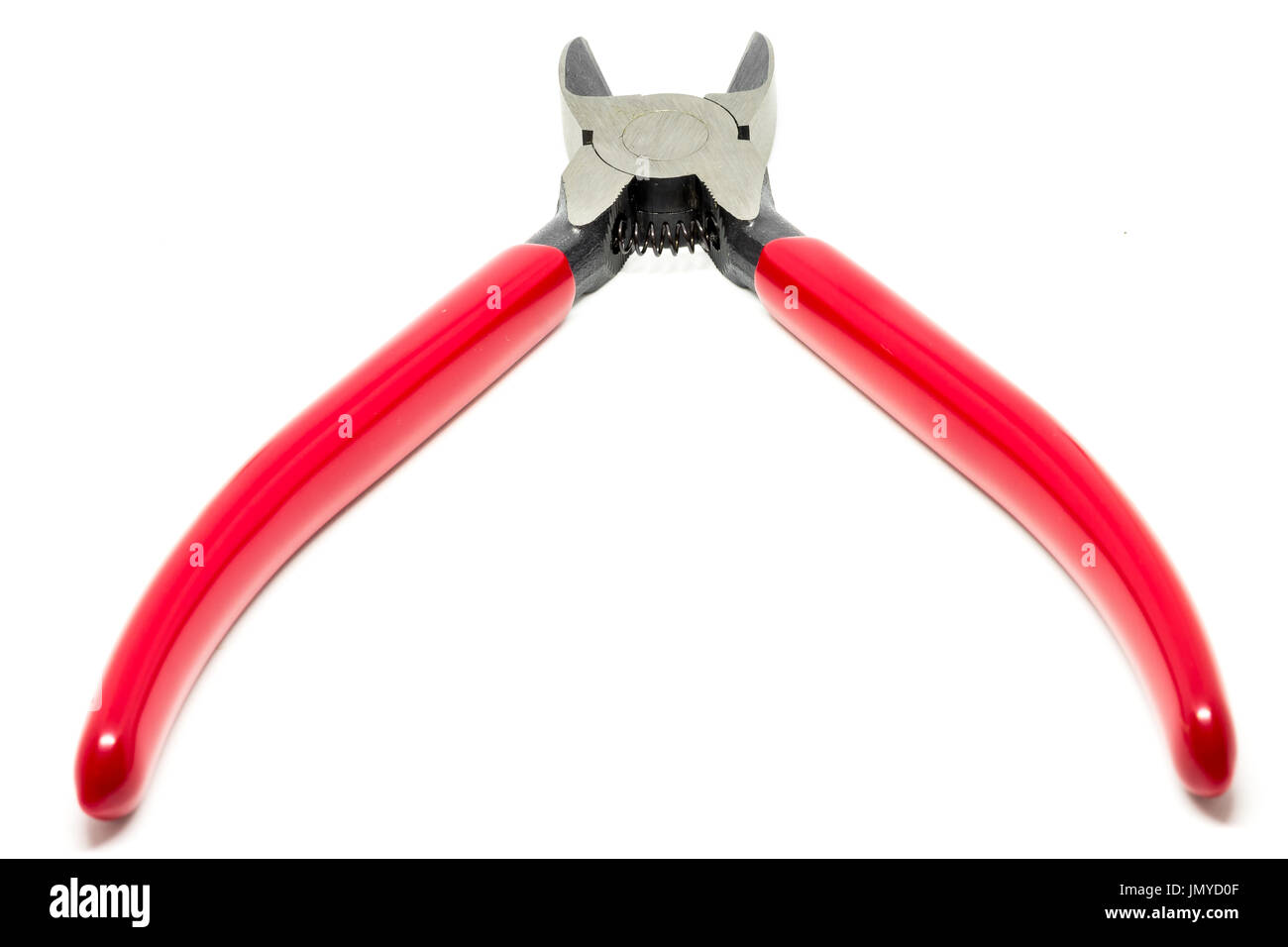 Red open and handled pliers on a white background.Tools series Stock ...
