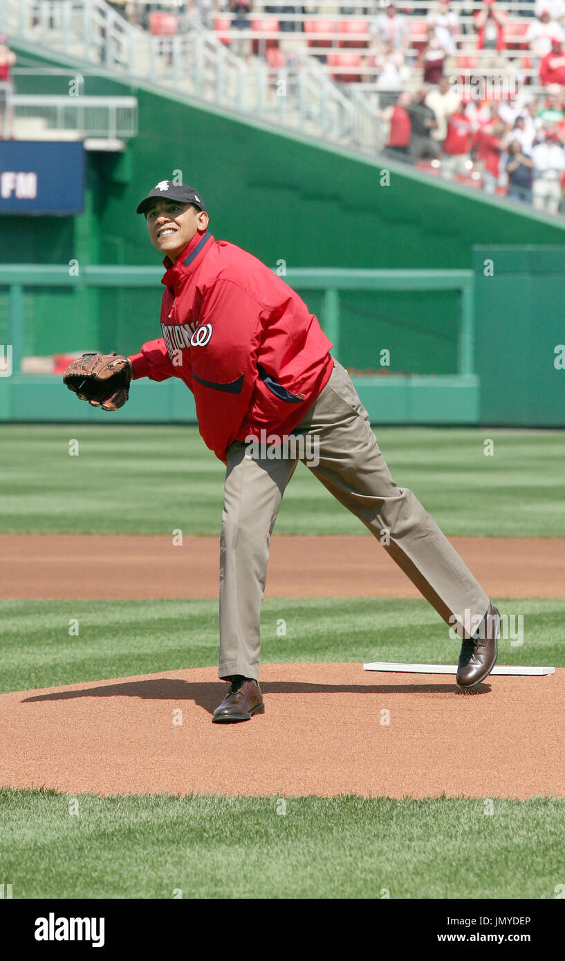 United States President Barack Obama throws out the first pitch at the ...