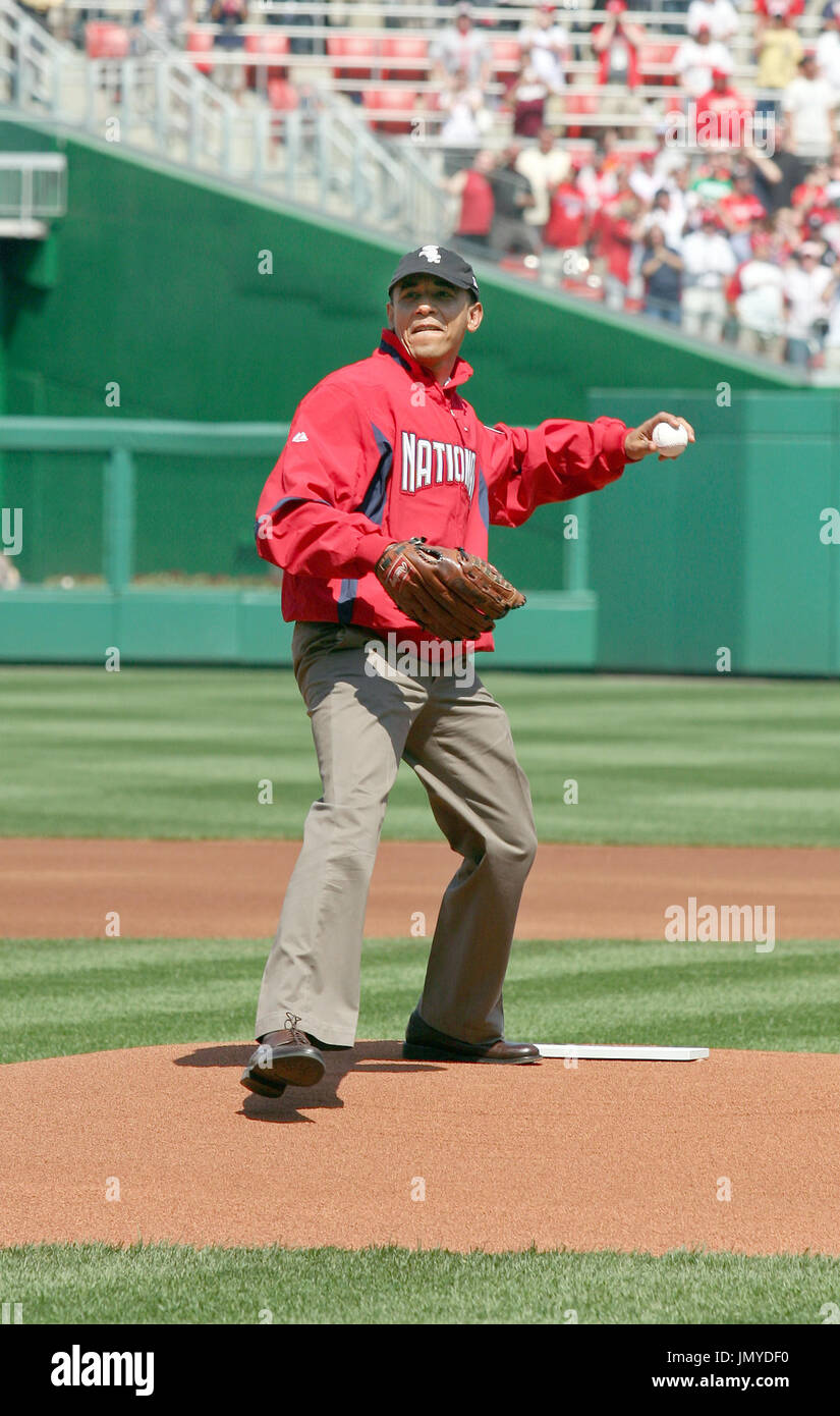 United States President Barack Obama throws out the first pitch at the ...