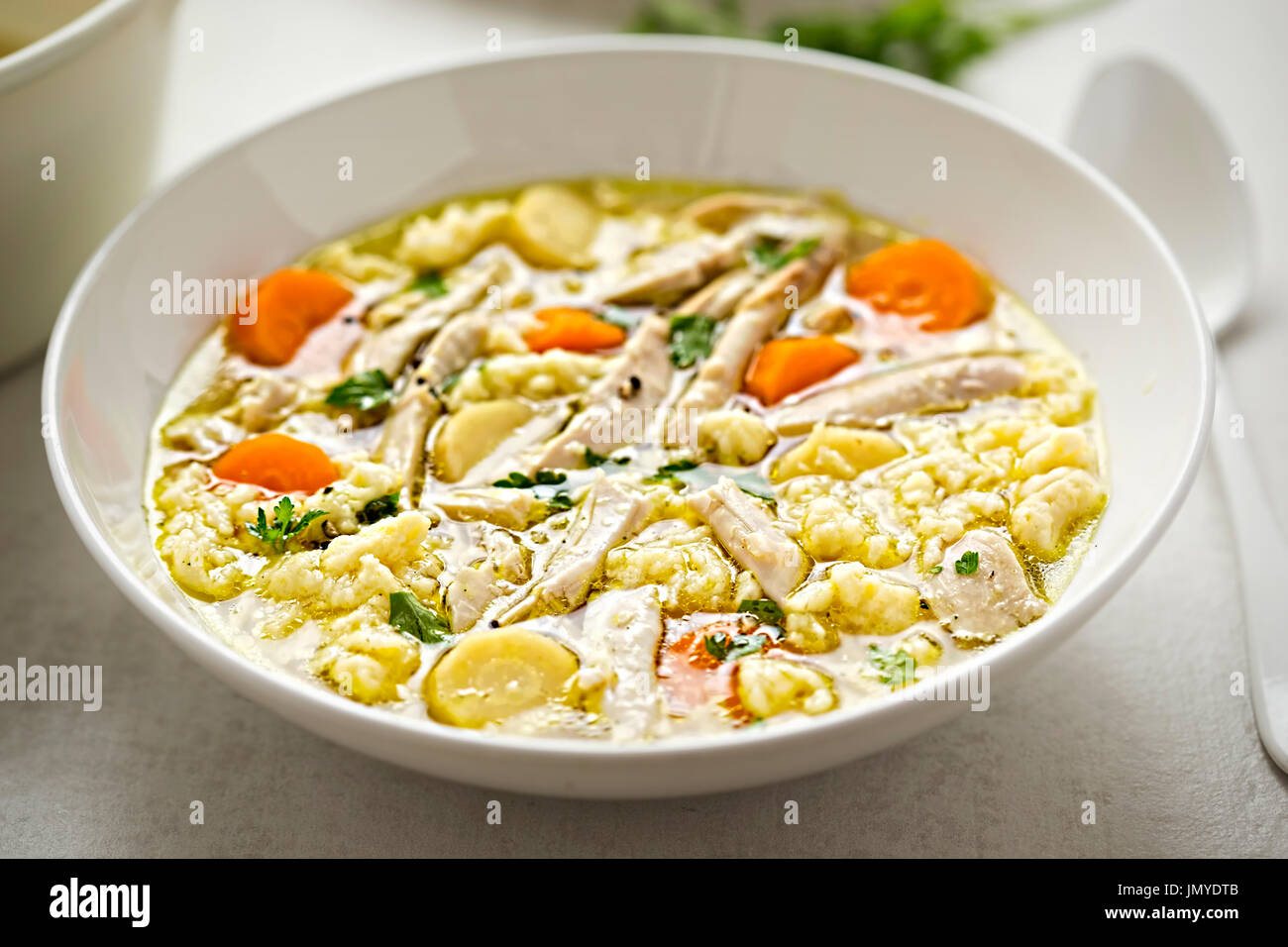 Wholesome chicken soup stew with carrot, parsnip and poured noodles ...