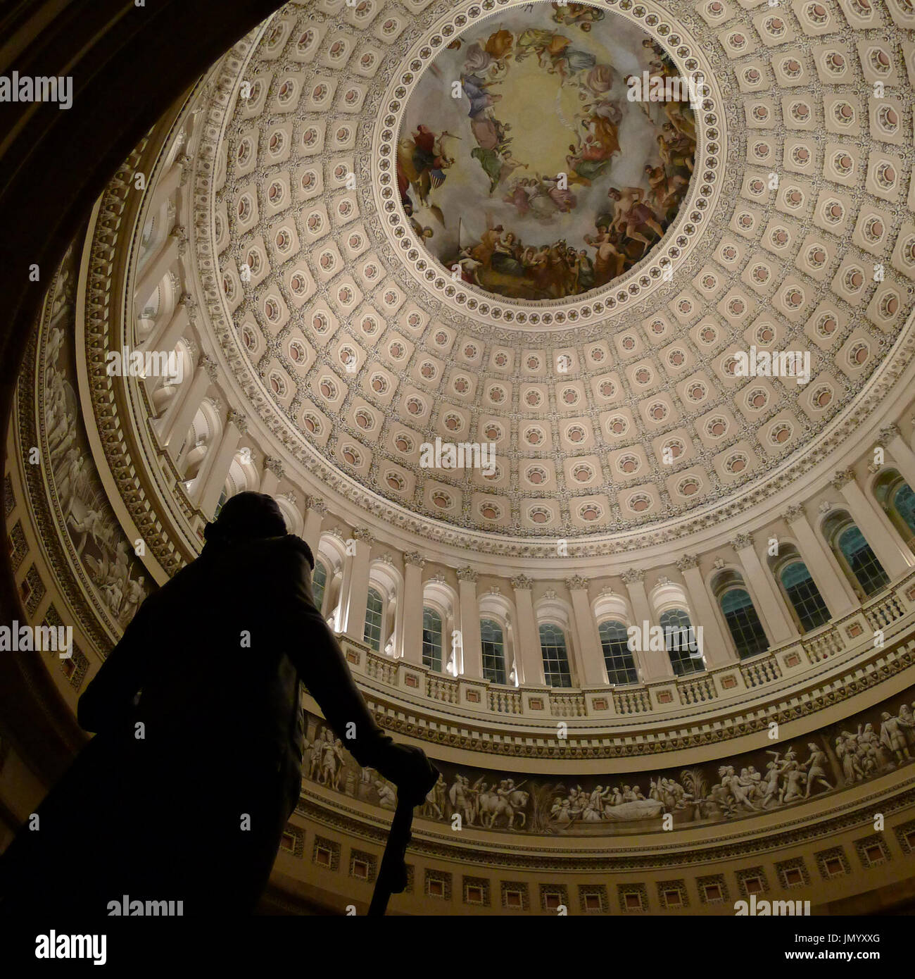 Nighttime view of the interior of the dome of the United States Capitol ...