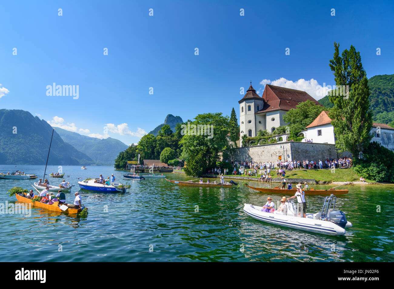 view from ship to lake Traunsee at Corpus Christi holiday, peninsula ...