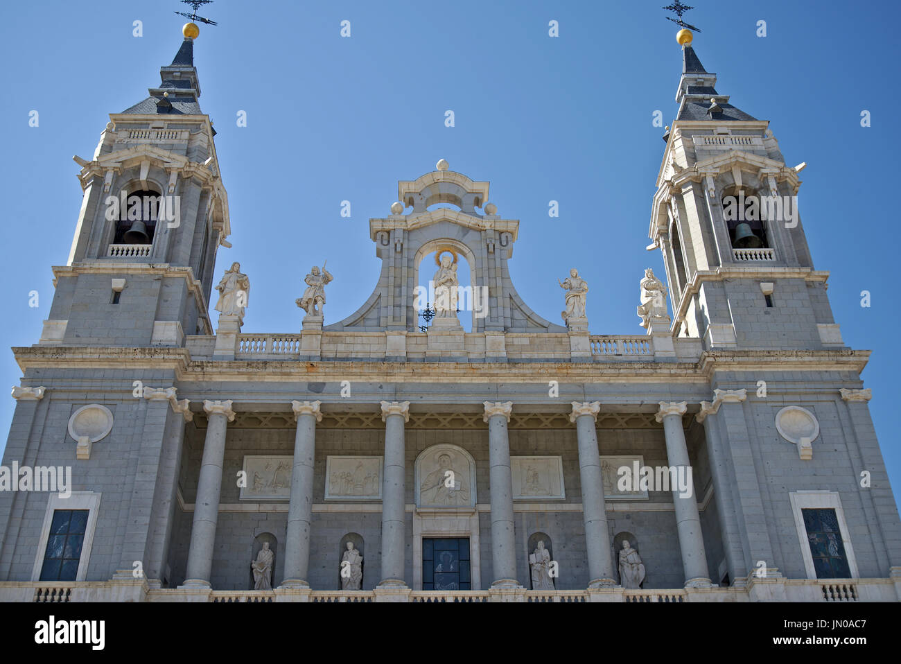 Close up zoomed front view of "La Almudena" cathedral, main cathedral ...