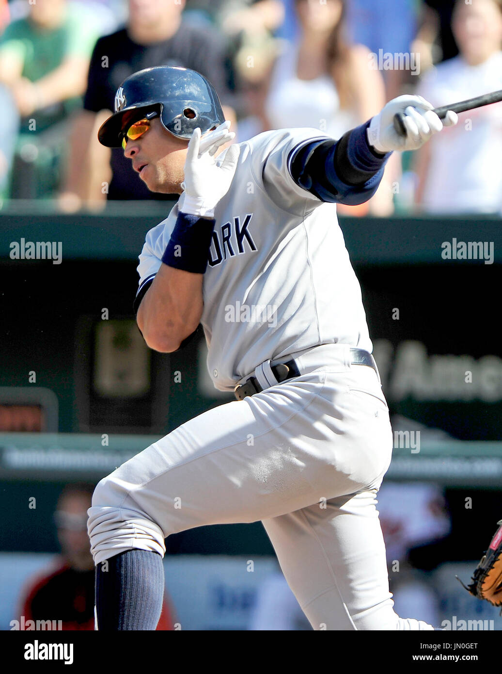 New York Yankees third baseman Alex Rodriguez (13) grounds into a double play to end the game ...