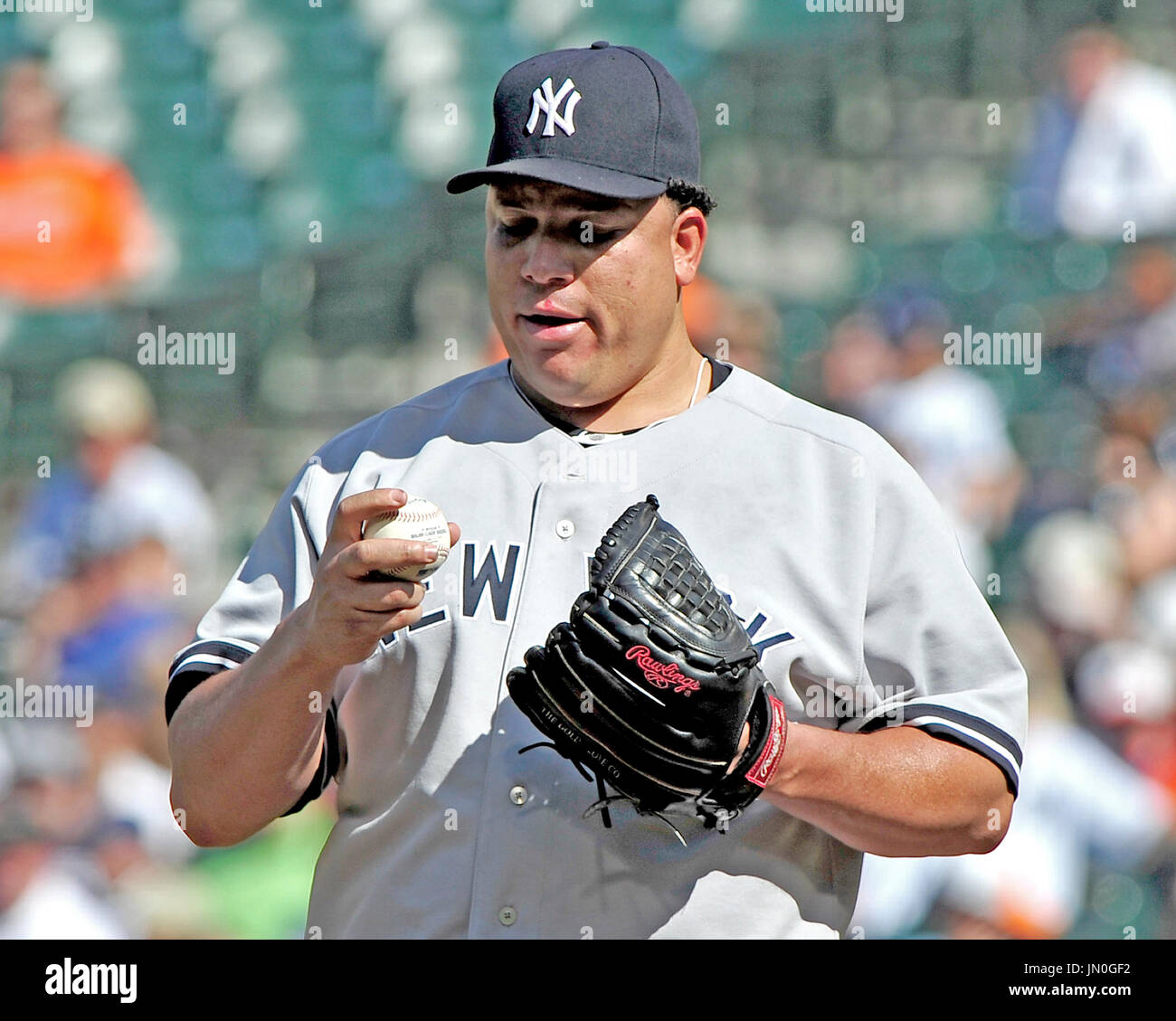 New York Yankees pitcher Bartolo Colon (40) seems to be talking to the ...