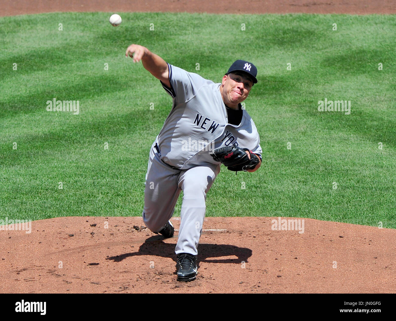 New York Yankees pitcher Bartolo Colon (40) pitches in the first inning ...