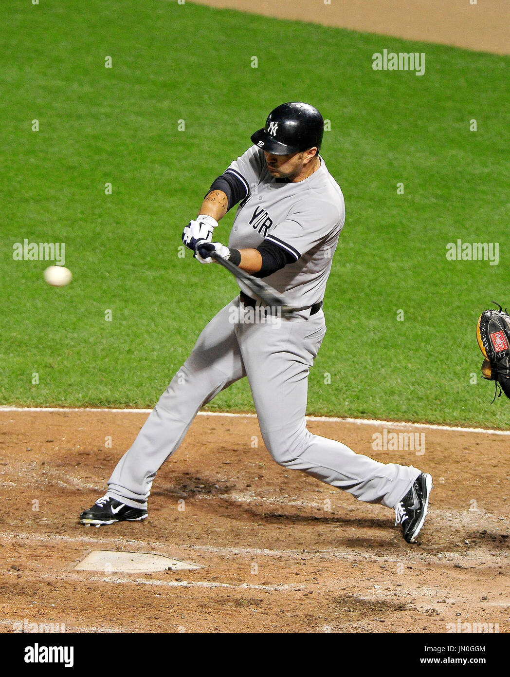 New York Yankees third baseman Eric Chavez (12) doubles in the seventh ...