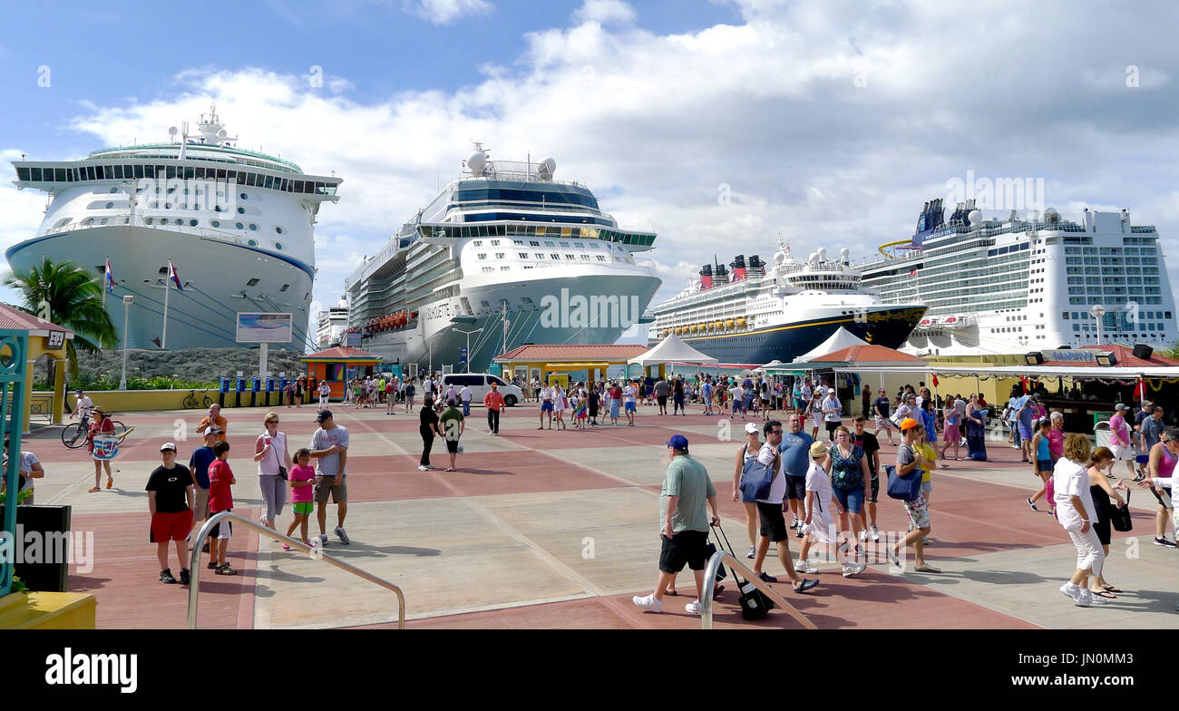 Four cruise ships are lined-up in the port of Philipsburg, Sint Maarten ...
