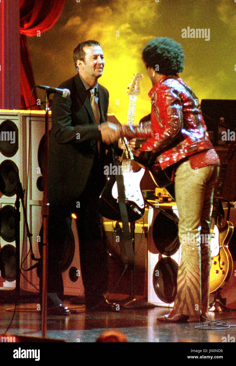 Eric Clapton and Lenny Kravitz perform together during the "Concert of ...