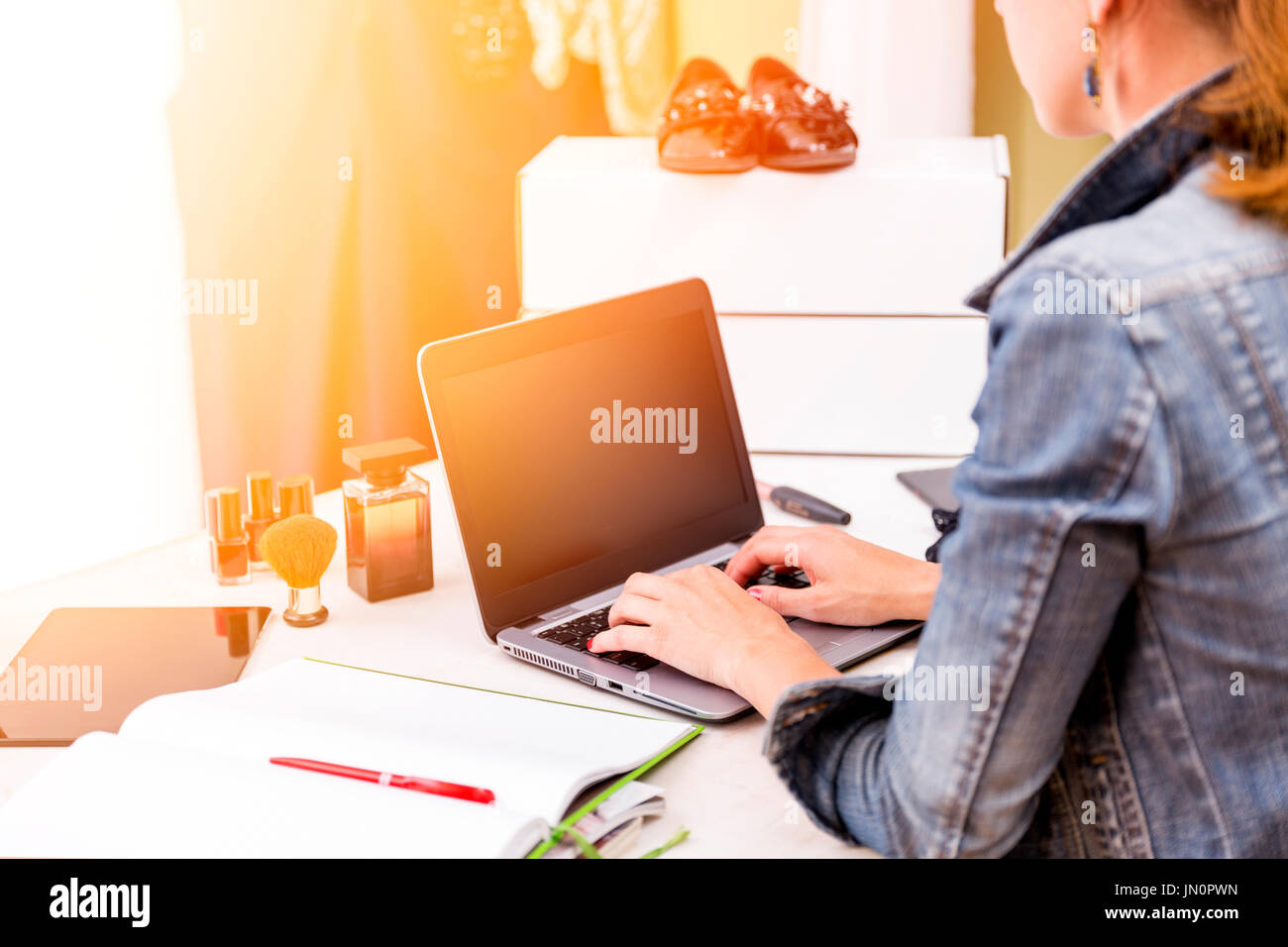 Fashion creative space. Fashion blogger at work. Overhead of essentials ...