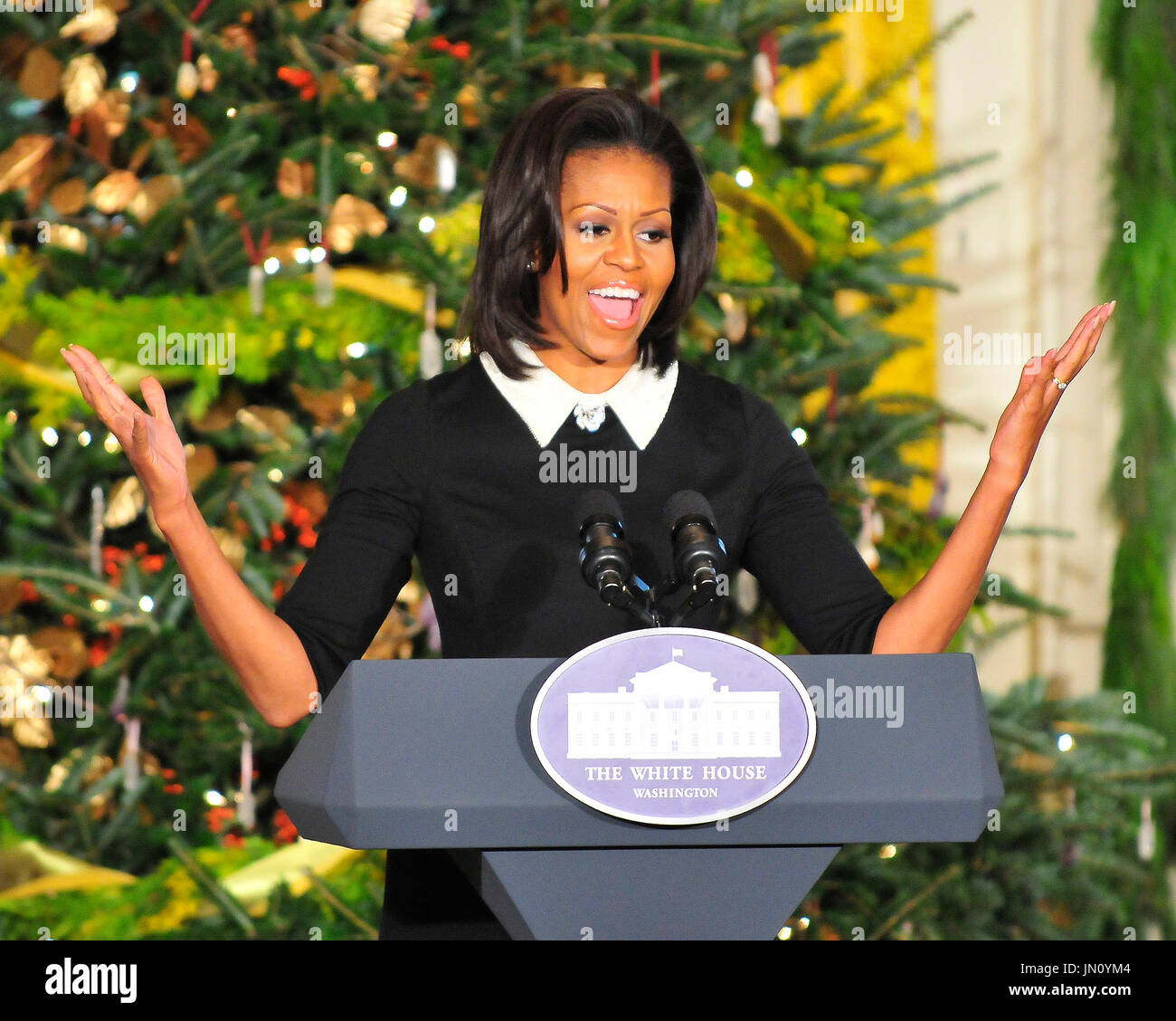 First lady Michelle Obama makes remarks at the first preview of the ...
