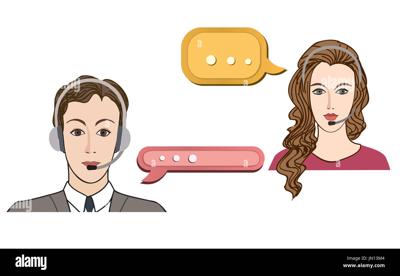 Call center concept with man and woman in headset. Vector icon set ...
