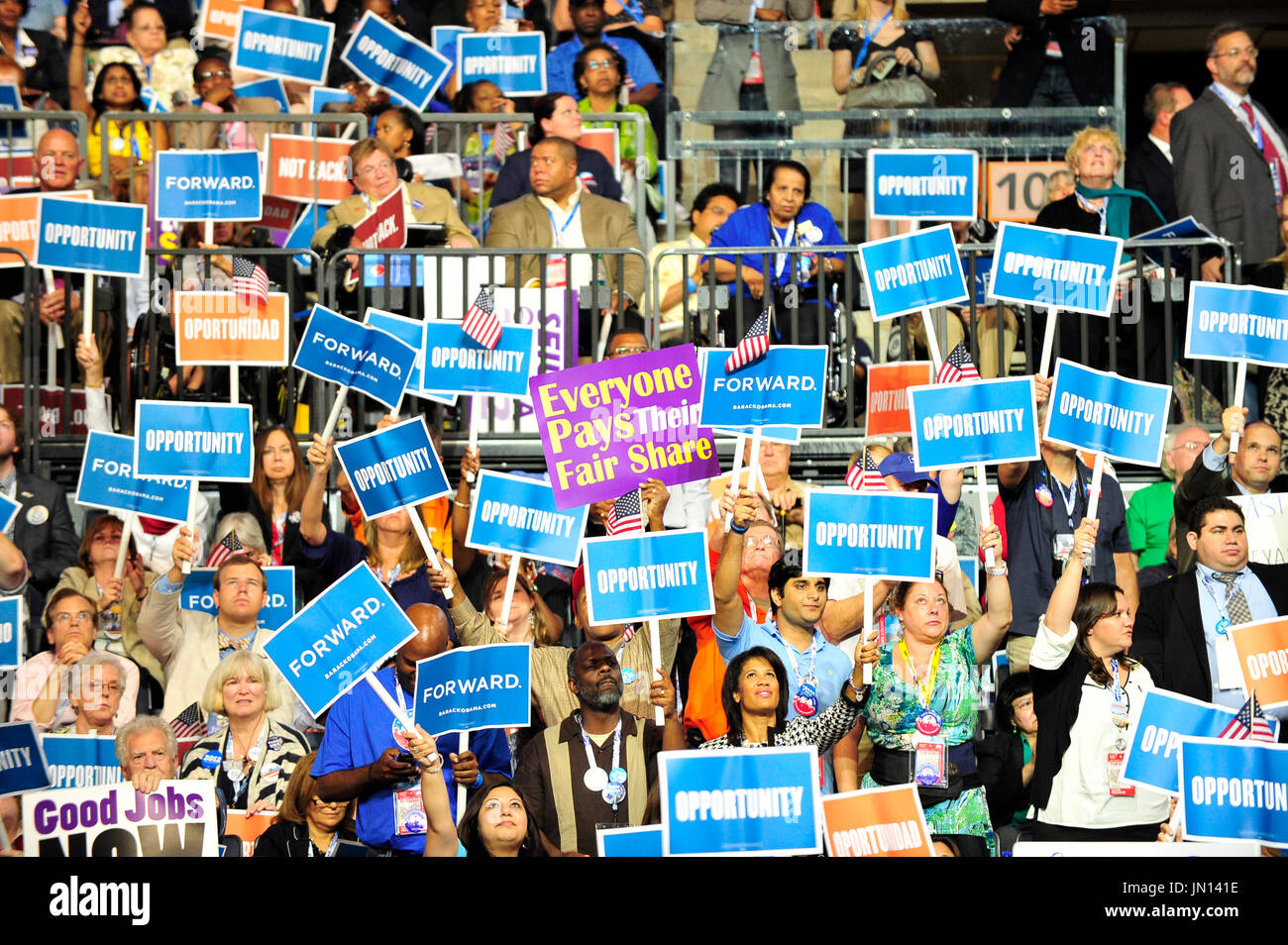 Signs in the crowd during the keynote Address of Mayor Julian Castro of ...