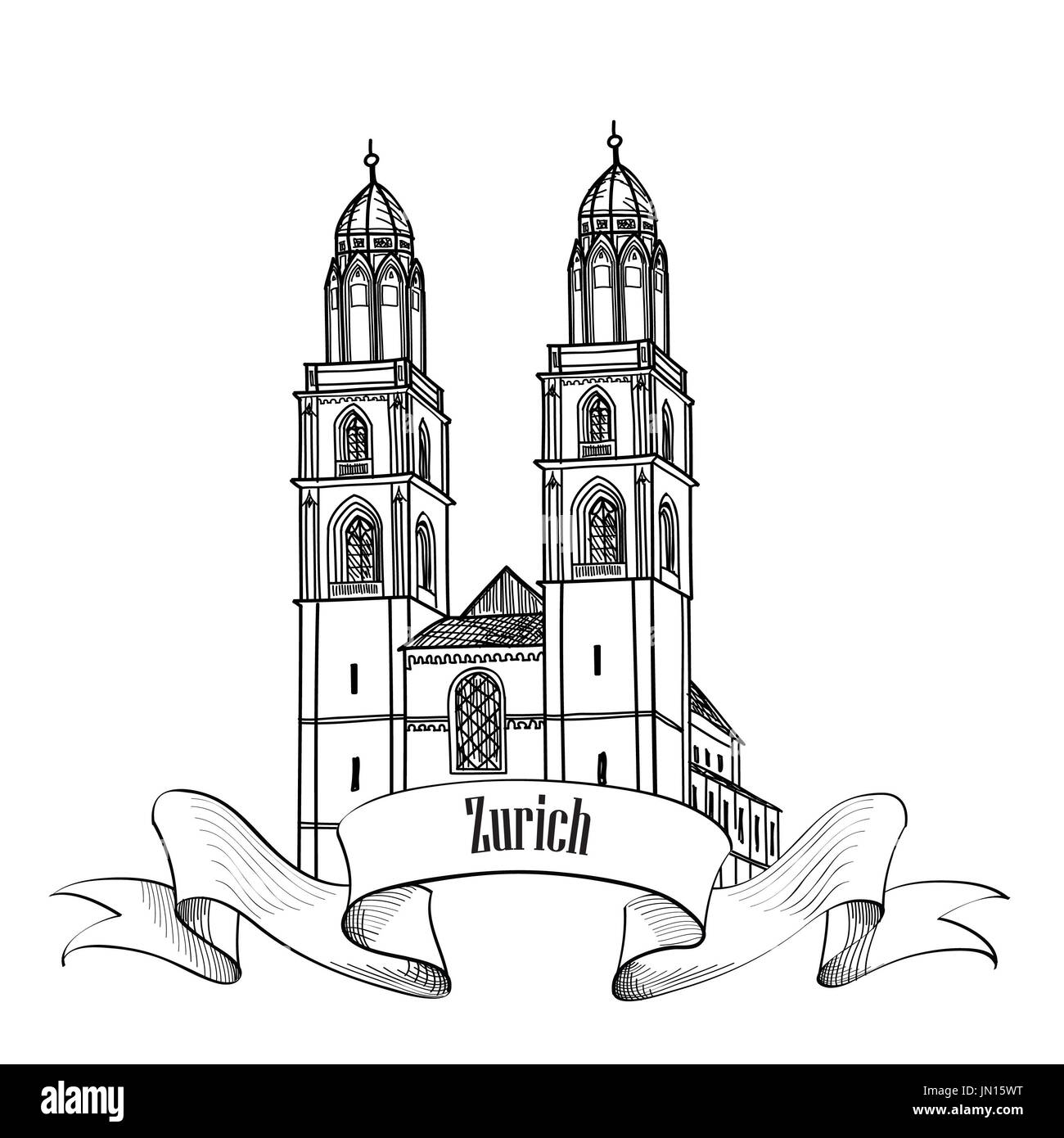Zurich. City landmark Great Minster label. Symbol of the capital of ...
